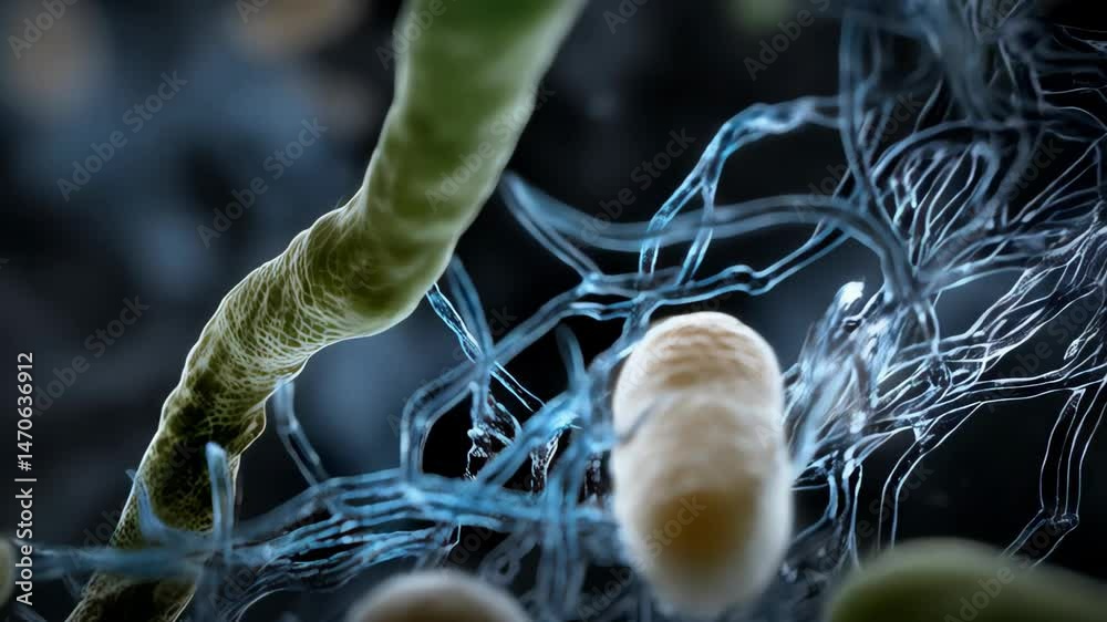 Close up view of fungal hyphae network and spore cells, filamentous ...