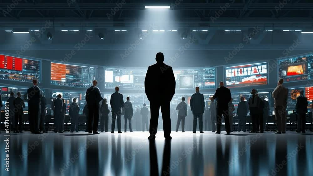 Leadership in Command Center: A silhouette of a leader stands ...