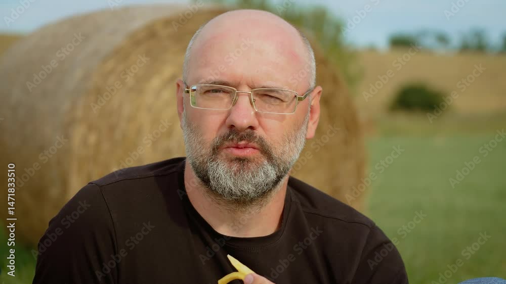 Bald man eating fries near round bale, unhealthy food. Bald male ...