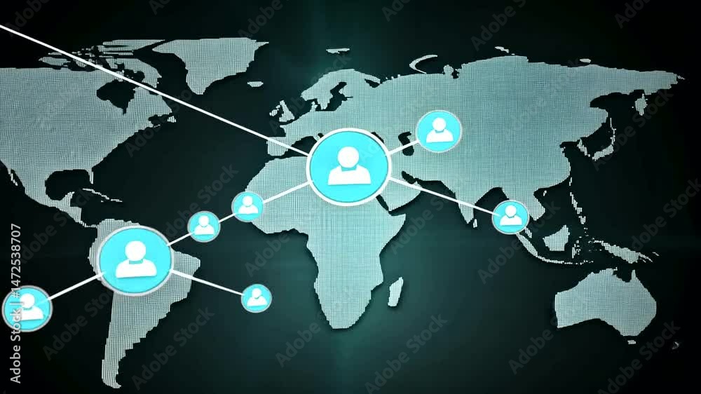 Pixelated world map overlaid with glowing blue user icons connected by white lines, visualizing ...