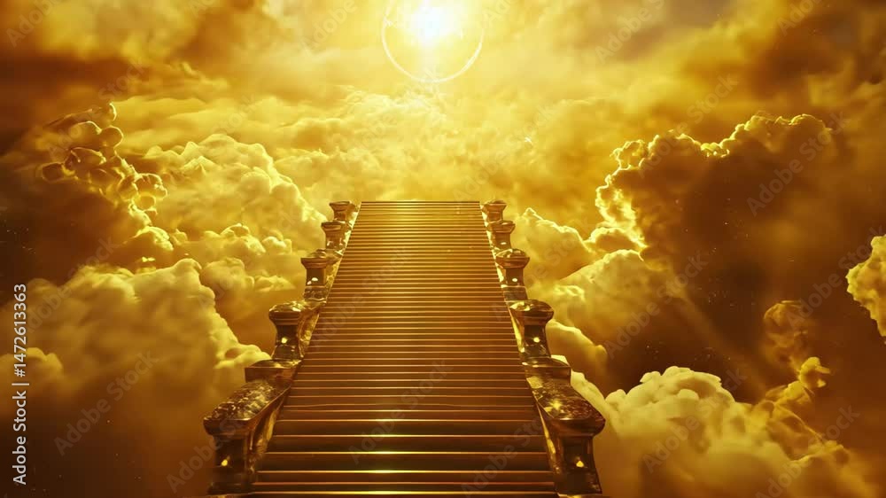 Stairway made of gold leading to a bright celestial sunlight in a ...