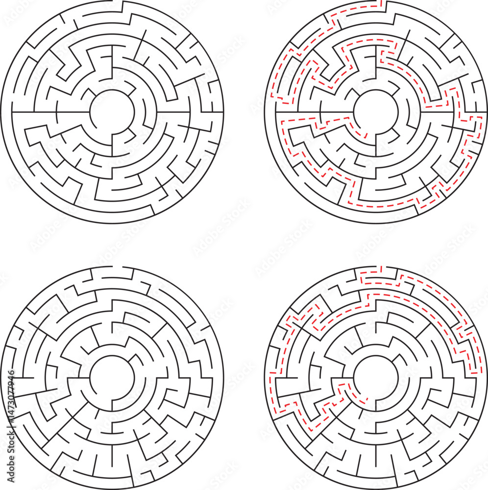 Poster Four circular mazes with different paths illustrated, two ...