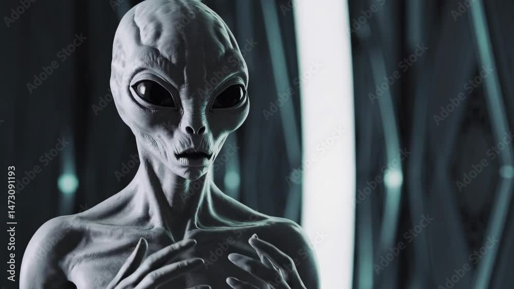 3D animated white-skinned alien gesturing with hands while speaking ...