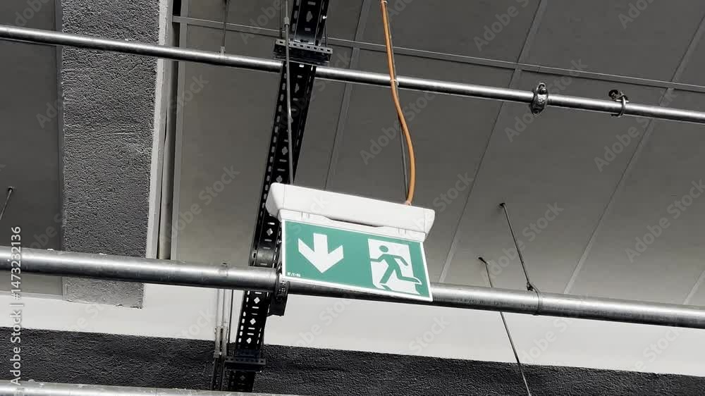 Green fire exit sign hanging from ceiling, illuminated guidance system ...