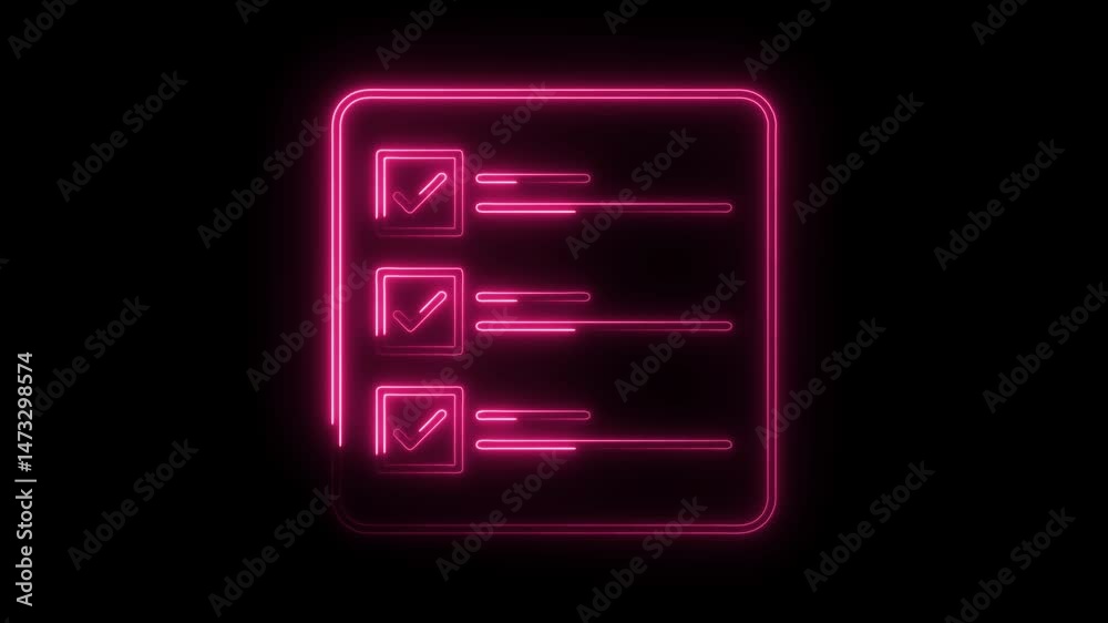 Neon pink checklist glowing animated outline on black background for ...