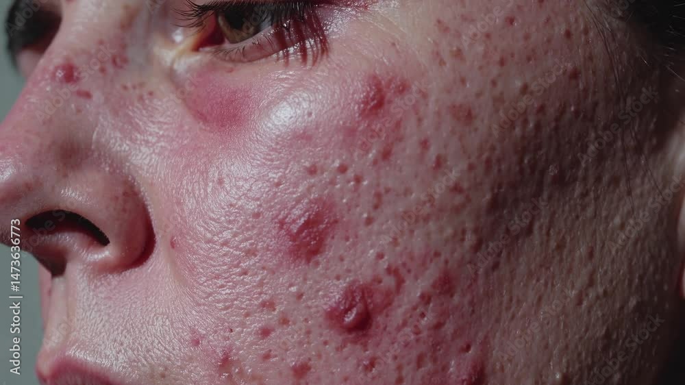Detailed close up revealing severe acne, skin inflammation, and ...
