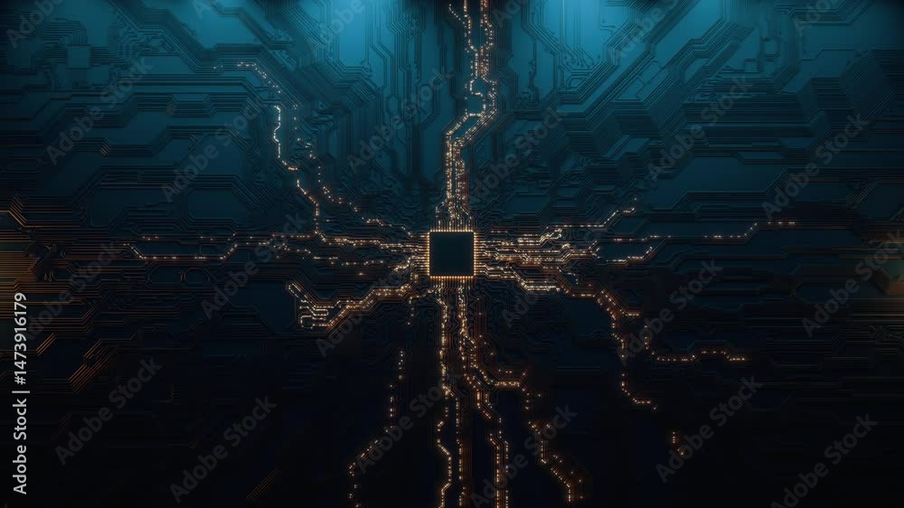 Animated current flow on circuit board. Digital technology background ...