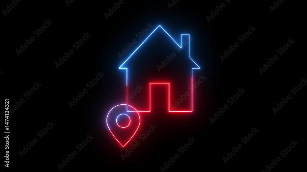 Glowing home with location icon animation neon red and blue color house ...