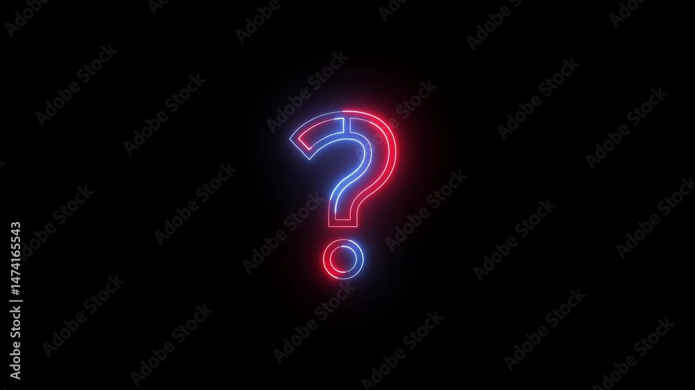 Glowing question mark icon animation neon red and blue color confusion ...