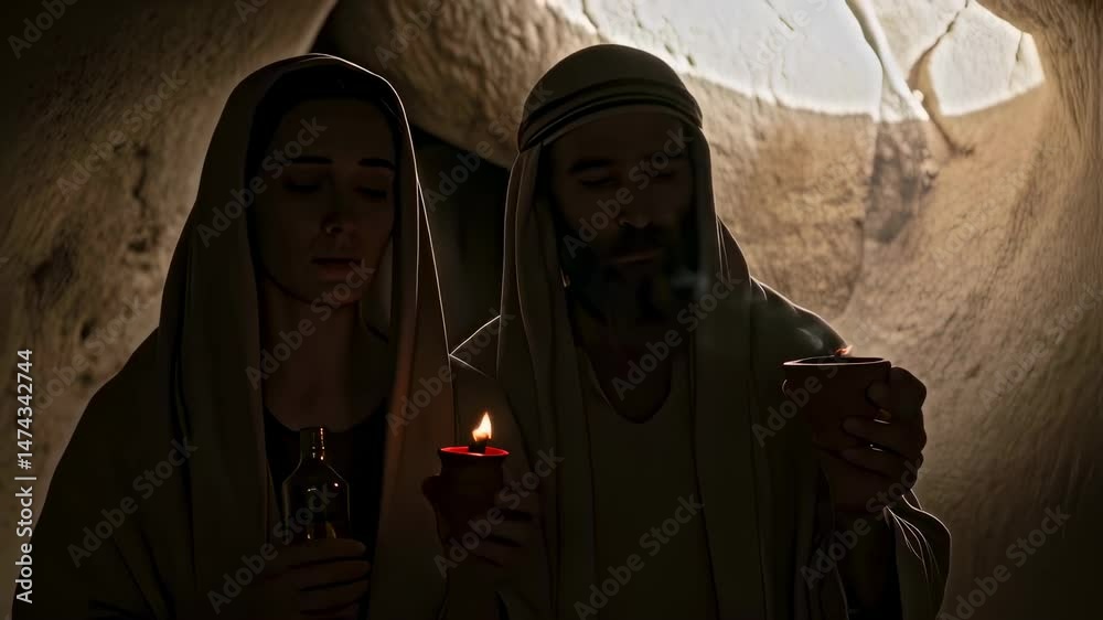 A woman and a man with a candle go to the cave of resurrection. Mary ...