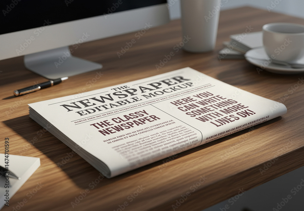 Folded Newspaper on Desk Mockup with Editable Content Stock Template ...