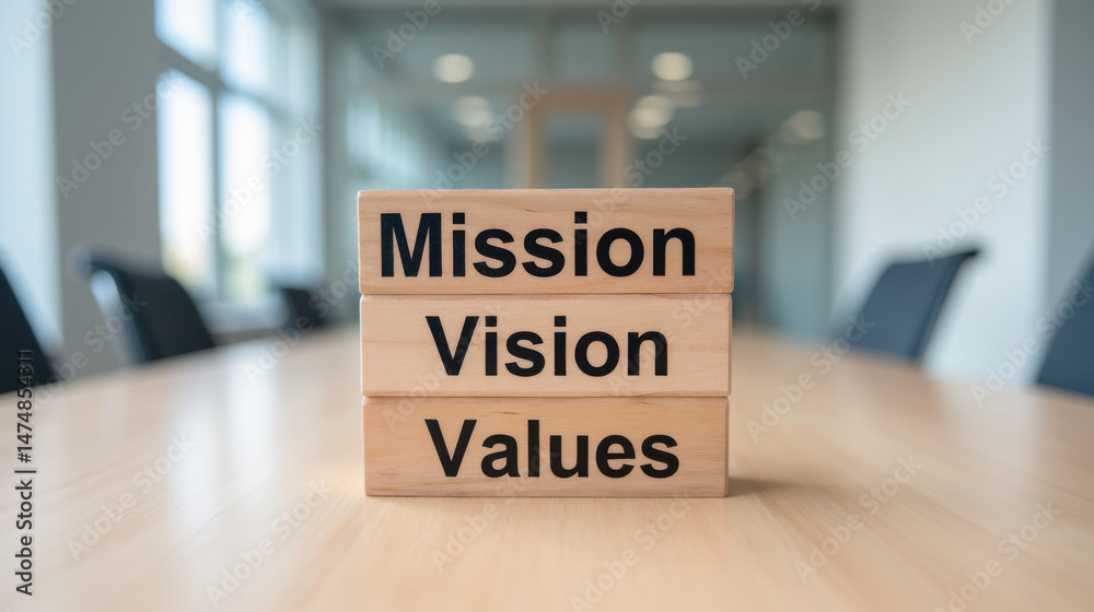Mission, vision, values displayed on wooden blocks in modern office ...