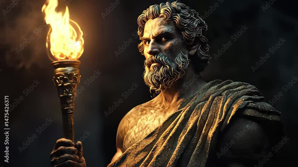 Ancient Greek god holding a torch illuminates the darkness with divine ...