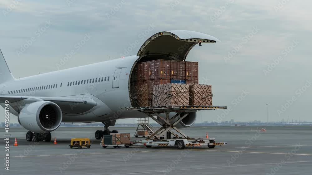 Freight airplane loading shipping containers. Cargo plane being loaded ...