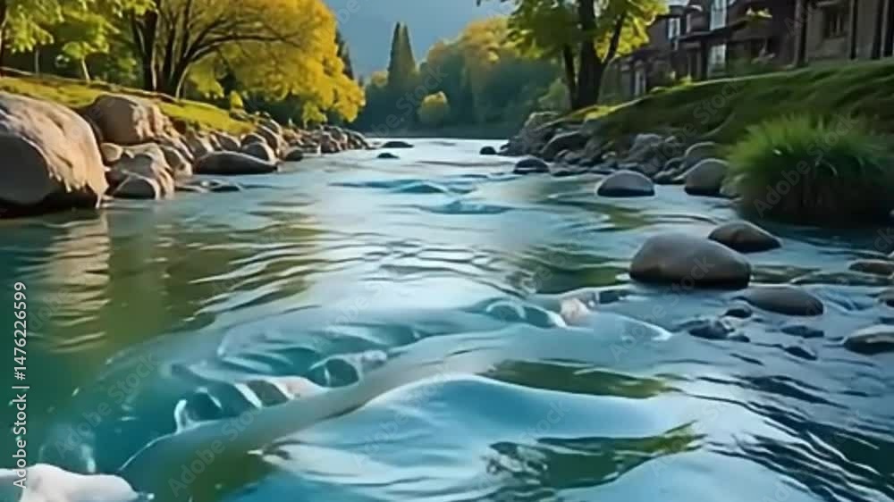 blue river flowing, clean water close up, cinematic village stream, 4K ...