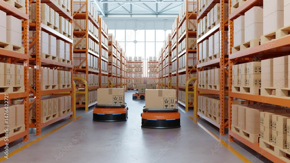 Automated warehouse with robot carts transporting packages in ...