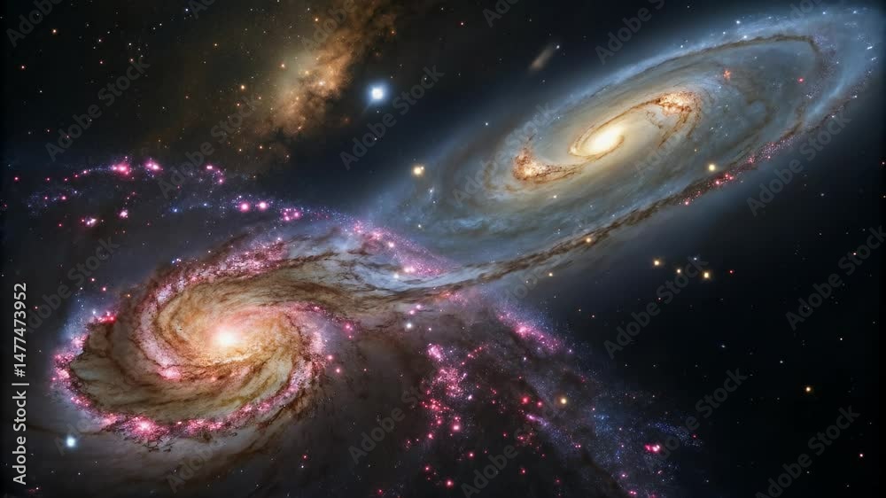 Vidéo Stock spectacular galactic collision of two spiral galaxies with ...