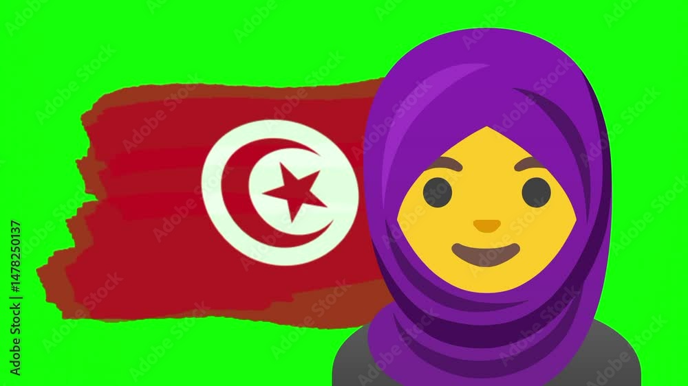 Animated muslim girl with hijab portrait, Tunisia flag icon symbol ...