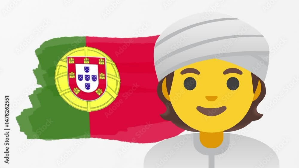 Animated muslim boy portrait, Portugal flag icon symbol. Cute adorable ...