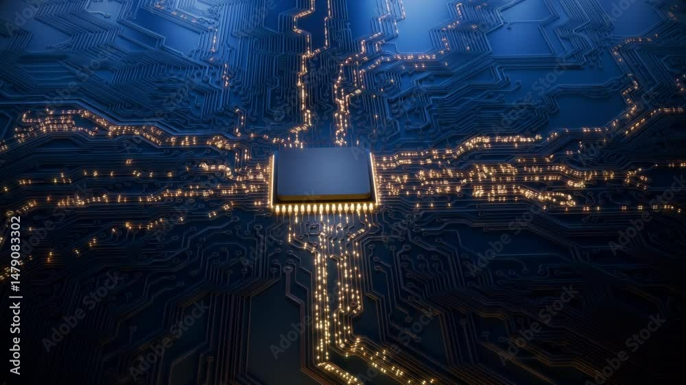 Animated current flow on circuit board. Digital technology data ...