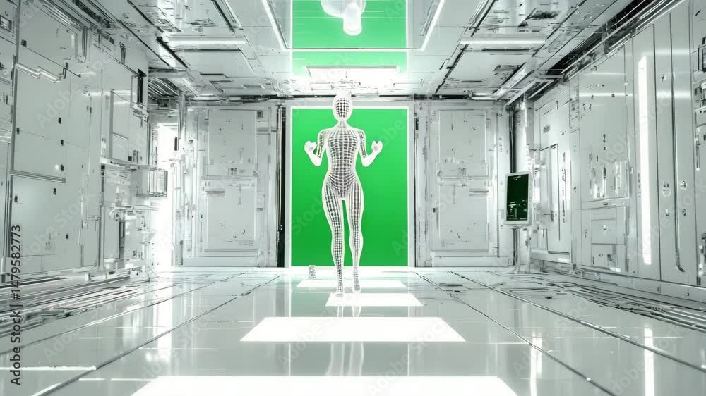 digital humanoid Sci-fi robot green screen scene with futuristic white ...