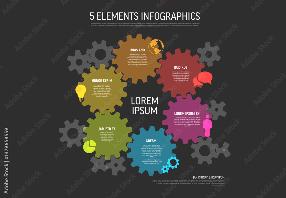 Infographic Design with Five Elements Represented by Colored Gears ...