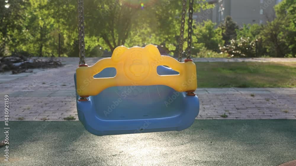 Slow moving swing in childrens playground. Playground swing set. Empty ...