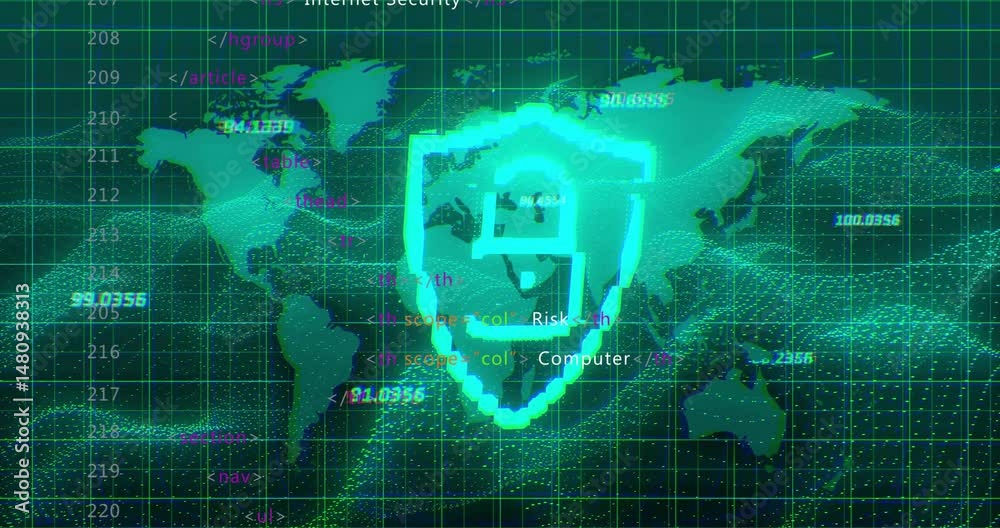 Pixel-art shield icon being animated over world map with neon grid, code snippets and data ...