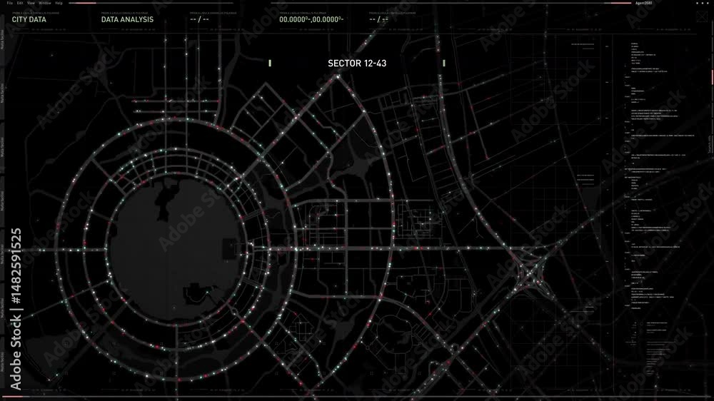 Futuristic spy system analyzes the map of the urban city. Futuristic ...