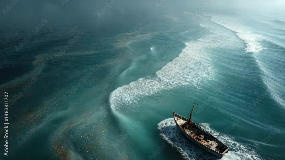 Plastic pollution abandoned fishing boat floating through ocean plastic ...