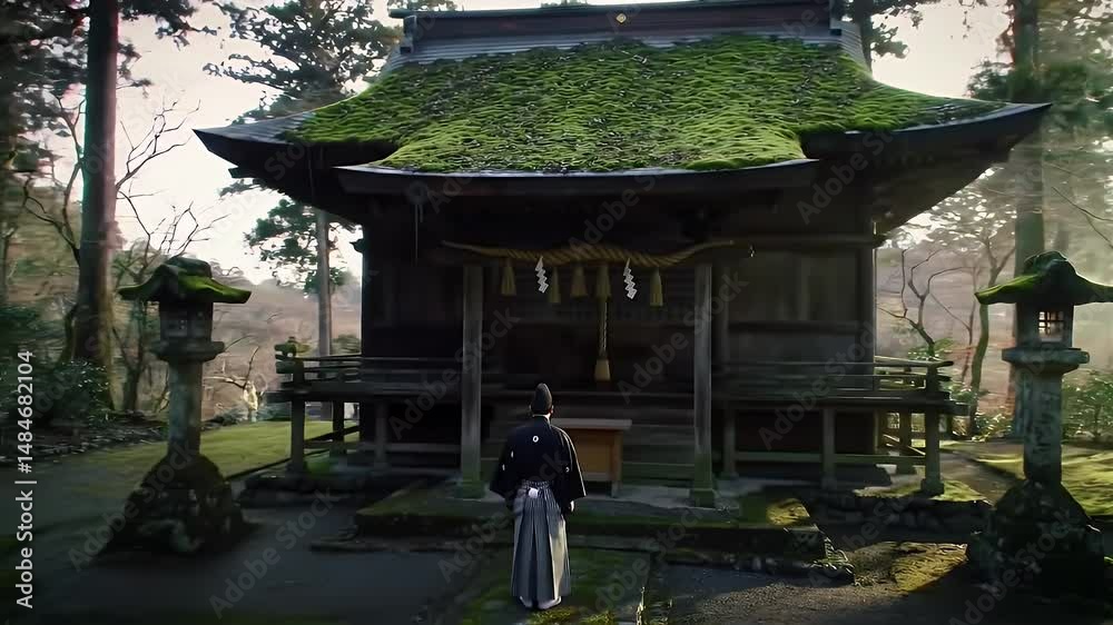 Man in Traditional Clothing at Wood Temple with Moss Roof Under Bright ...