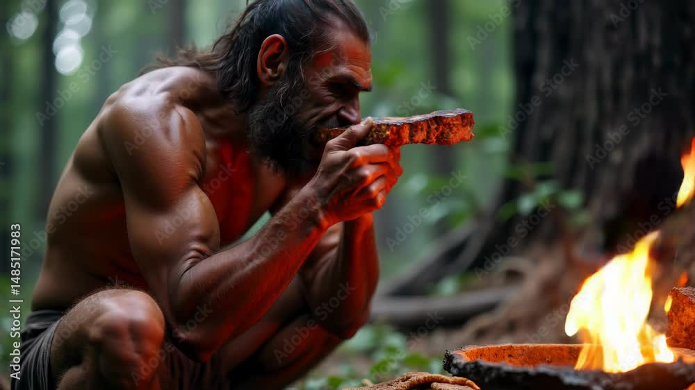 Primitive caveman with a muscular build eats roasted meat by fire in a dense forest. Stone Age ...