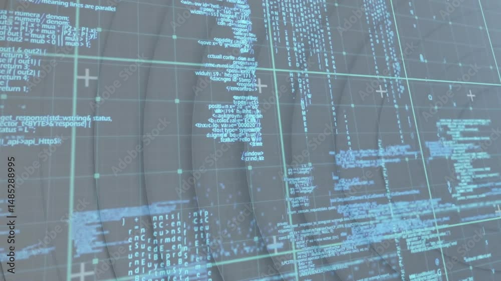 Translucent code UI floating over dark screen showing overlapping code snippets and grid lines ...