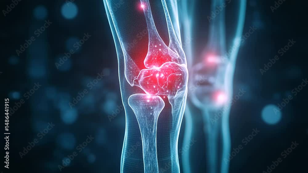Medical illustration of human knee joint with glowing red inflammation ...