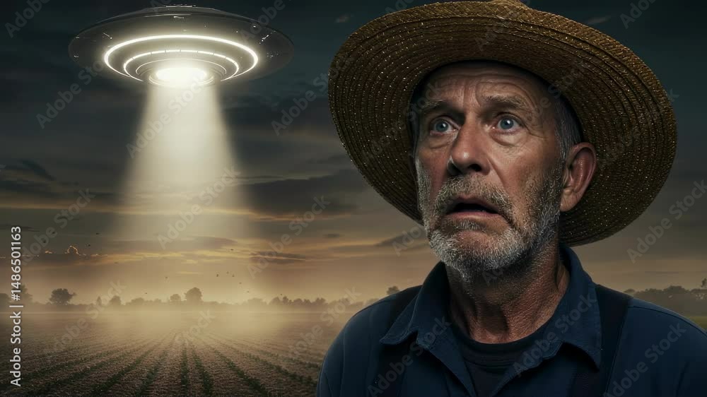 An older farmer man is shocked watching a powerful light beam from a ...
