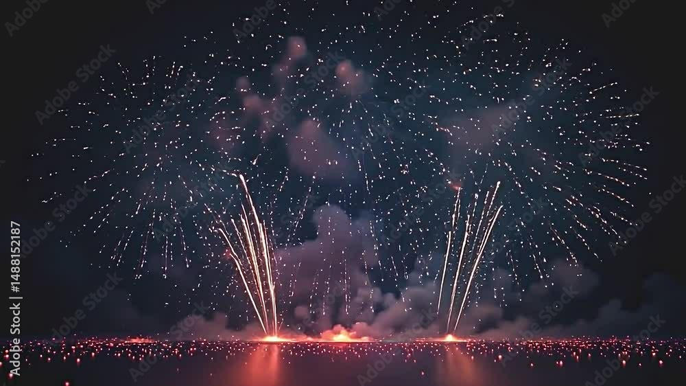 animation of a grand finale of neon bright firework sparks bursting in ...