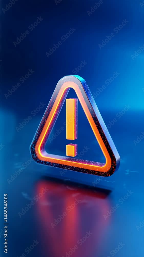 3D exclamation mark in a triangular shape on a blue background, digital ...