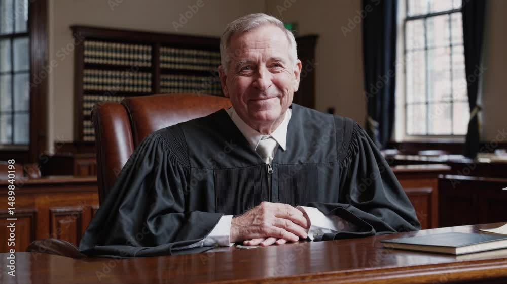 Serious judge smiling in court room. Justice system, about to bang ...