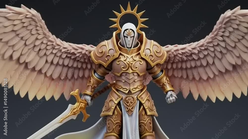 Majestic angelic warrior figure with golden armor and large wings ...