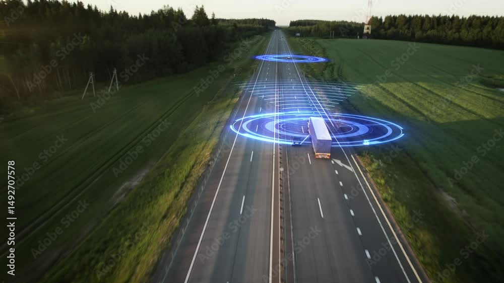 Autonomous truck driving on a highway with digital HUD elements ...