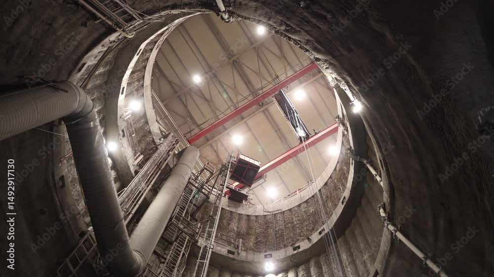 Underground shaft construction with steel ladders ducts and suspended ...