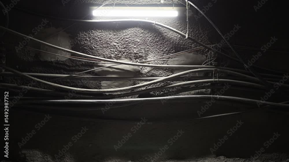 Underground power cables stretch across a rough concrete tunnel wall ...