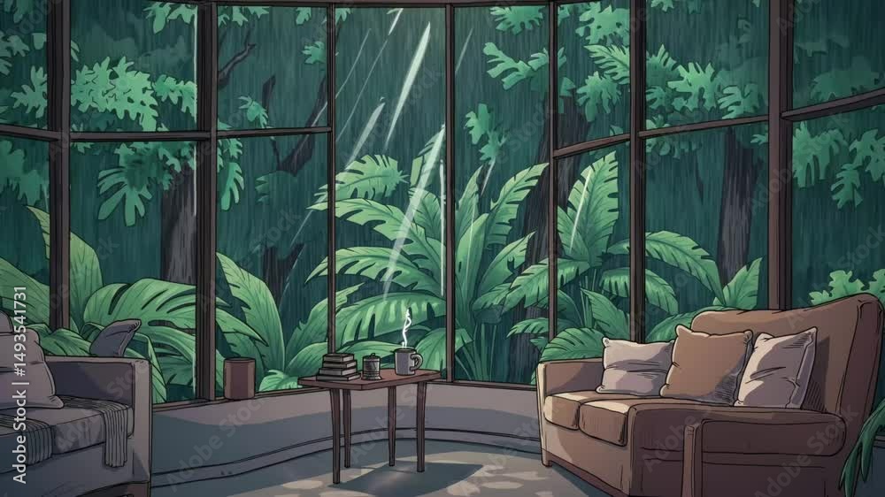 Cozy Lo-fi Anime Living Room Loop: Rainy Jungle Window View, Steaming ...
