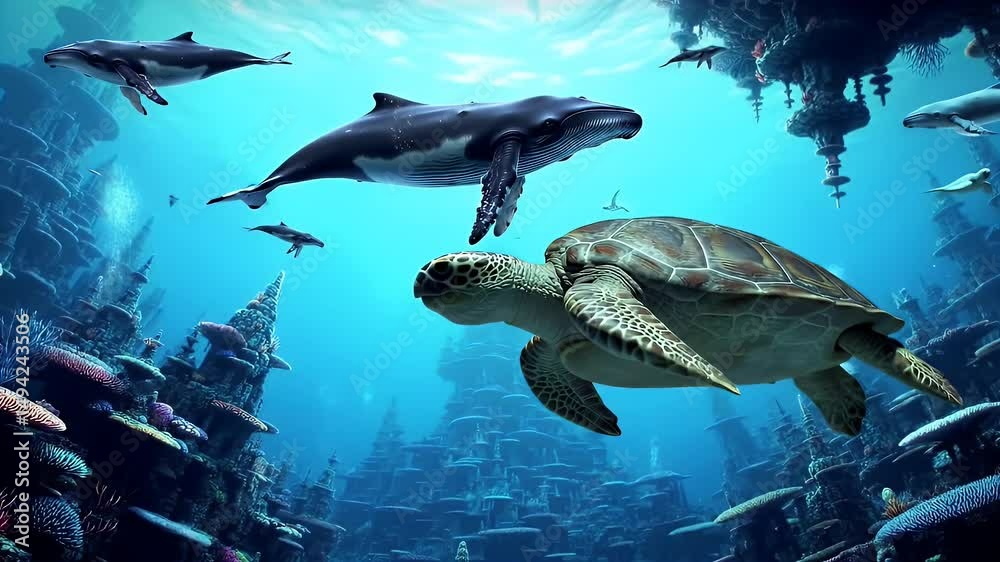 Surreal underwater scene where sea creatures like whales and turtles ...