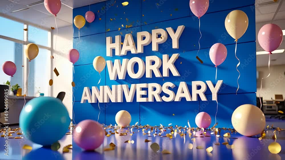 Festive office celebration with Happy Work Anniversary banner, colorful ...