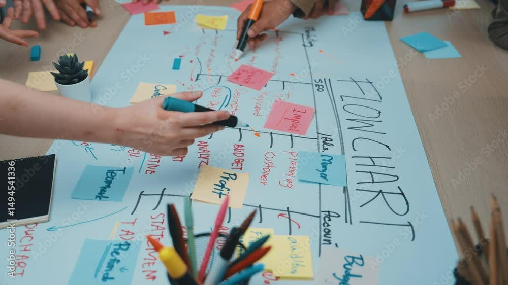 Engaging scene of a team brainstorming with sticky notes and markers ...