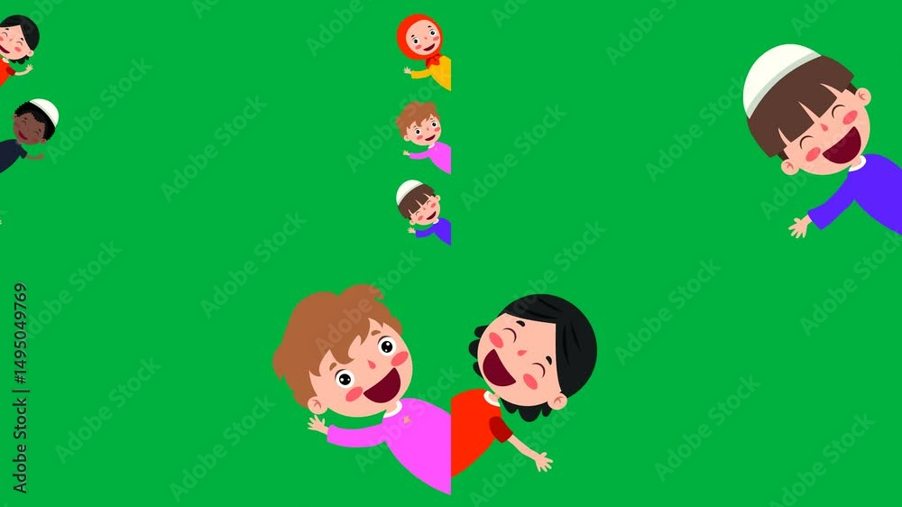 2d character animated cartoon on green screen boy in red, girl in pink ...