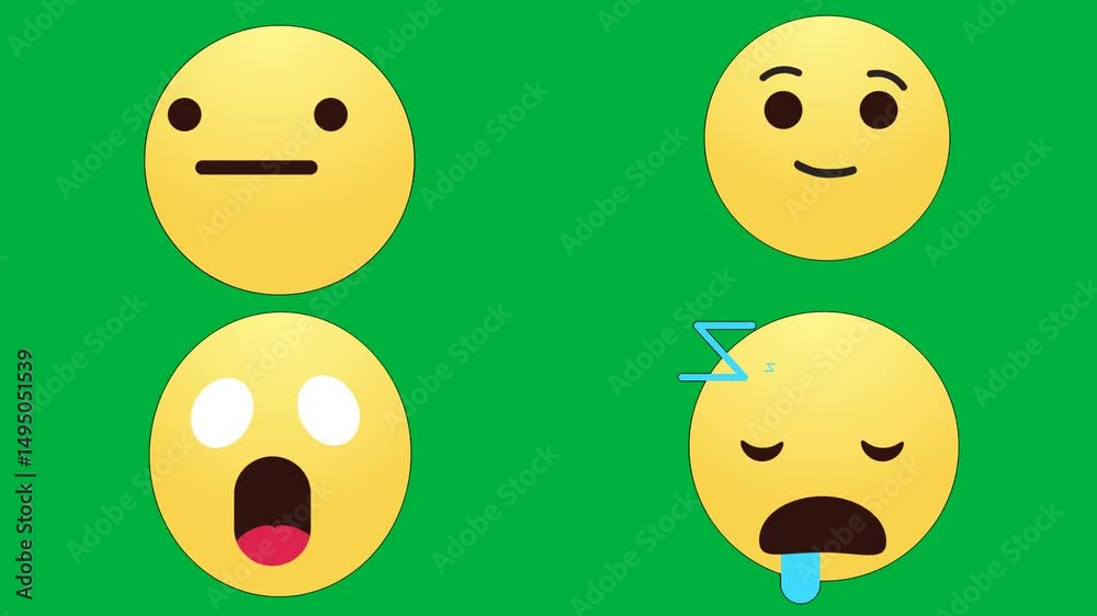 Animated 2d character green screen neutral emoji, kiss emoji, surprised ...