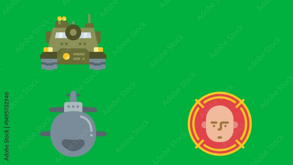 4k green screen animated cartoon with 2d characters tank, bomb, medal ...