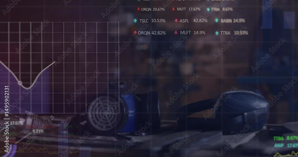 Pulsing loader starting grid growth, revealing respirator while charts visualizing market data ...